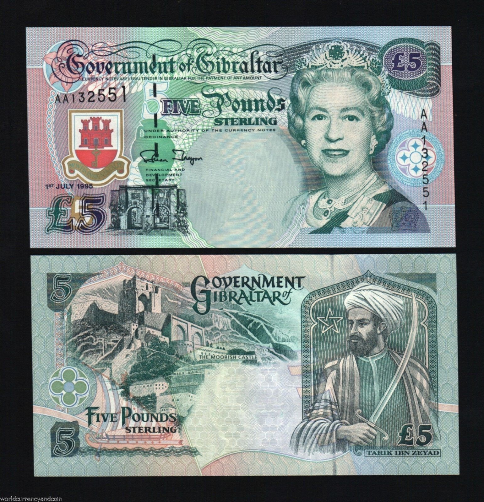 Gibraltar £5 POUNDS P-25 1995 Queen Elizabeth AA Prefix UNC ♛SWORD ...
