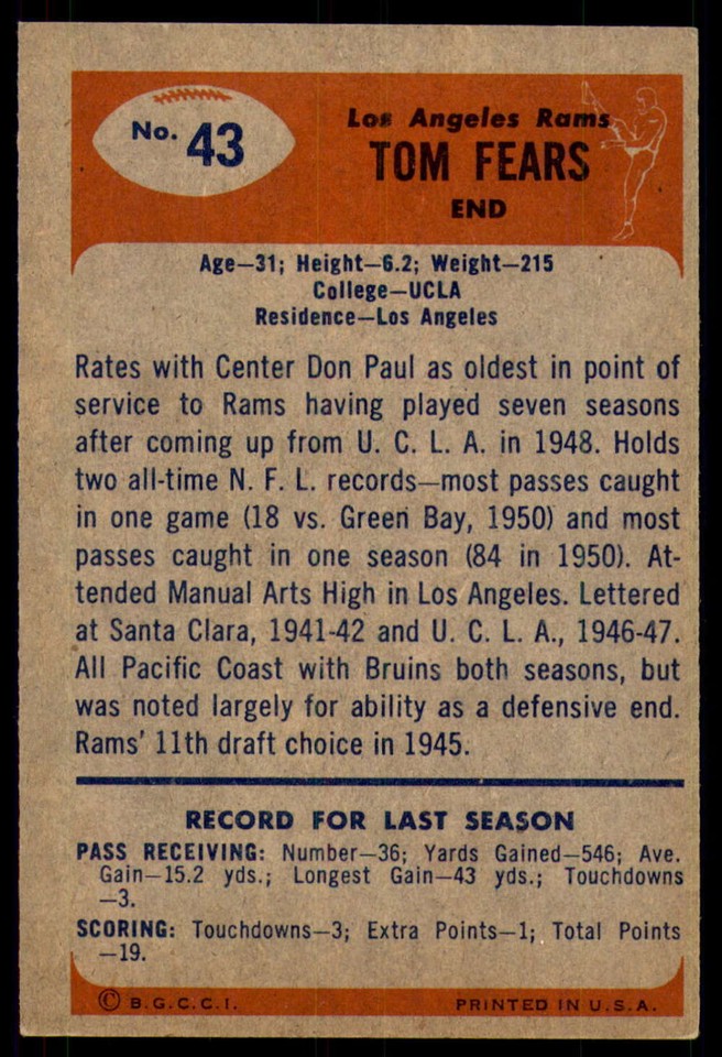 1955 Bowman #43 Tom Fears Excellent+ LA Rams ID:243822 | eBay