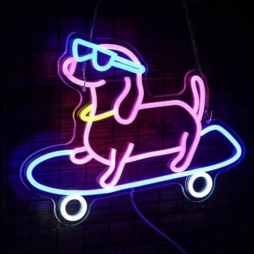 Skateboard Dog Neon Sign Cute Glasses Dog LED Neon Light Blue Pink ...