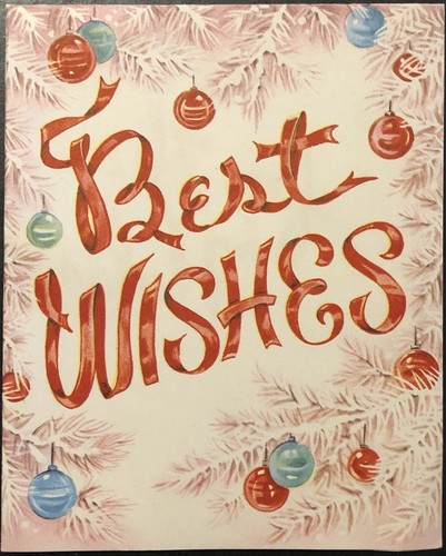 Vtg Christmas Greeting Card Pink Pine Branches Word Art Red Ribbon Best ...