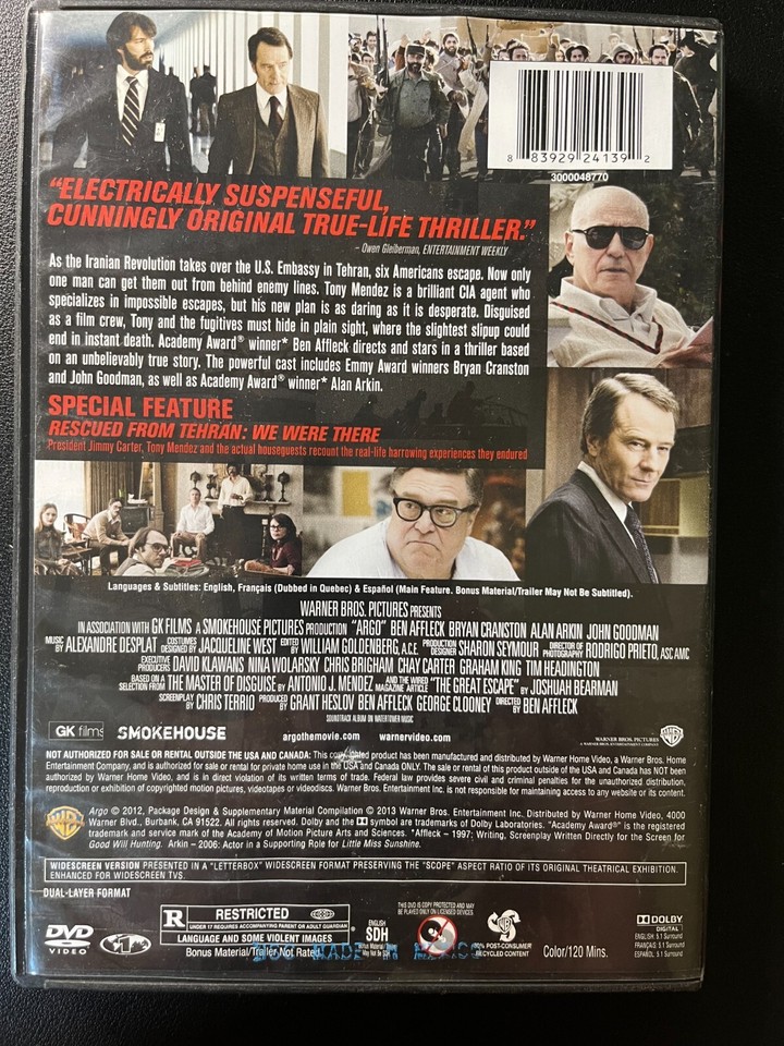 * Argo - Ben Affleck - John Goodman - Bryan Cranston - Very Good DVD ...