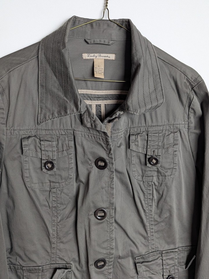 LUCKY BRAND Vtg Gray Utility COAT JACKET Button Front Women's L | eBay