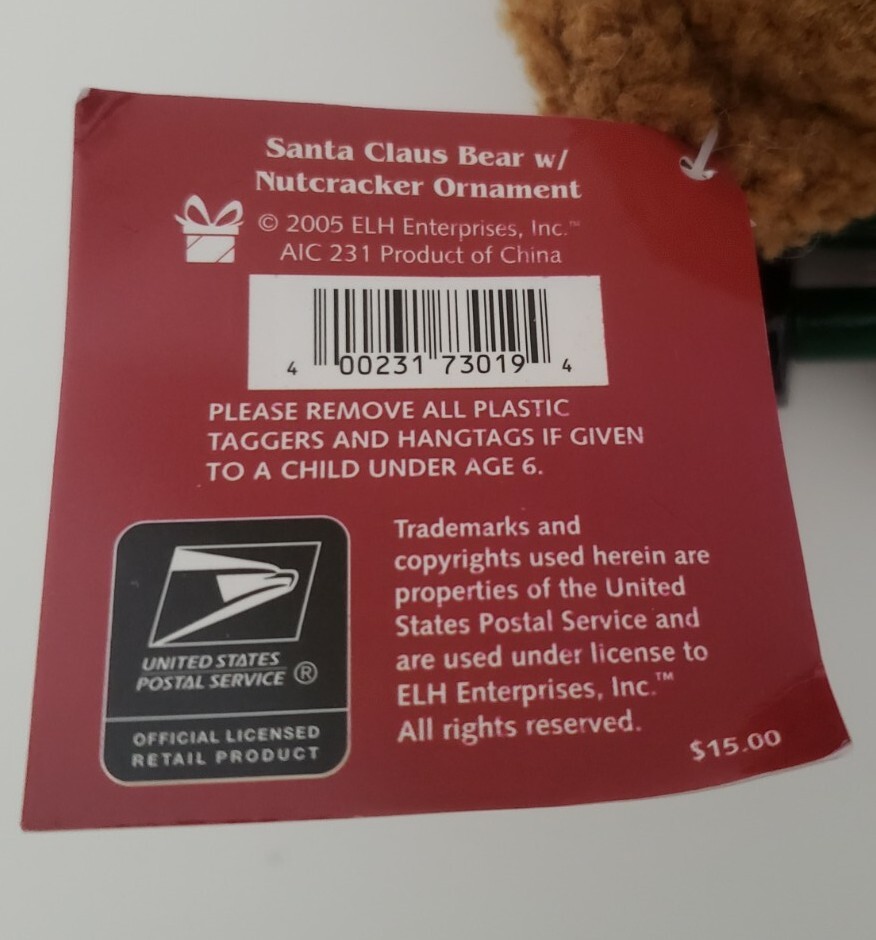 USPS Plush Santa Claus Bear w/Nutcracker Ornament, 37 Cent Stamp Patch ...