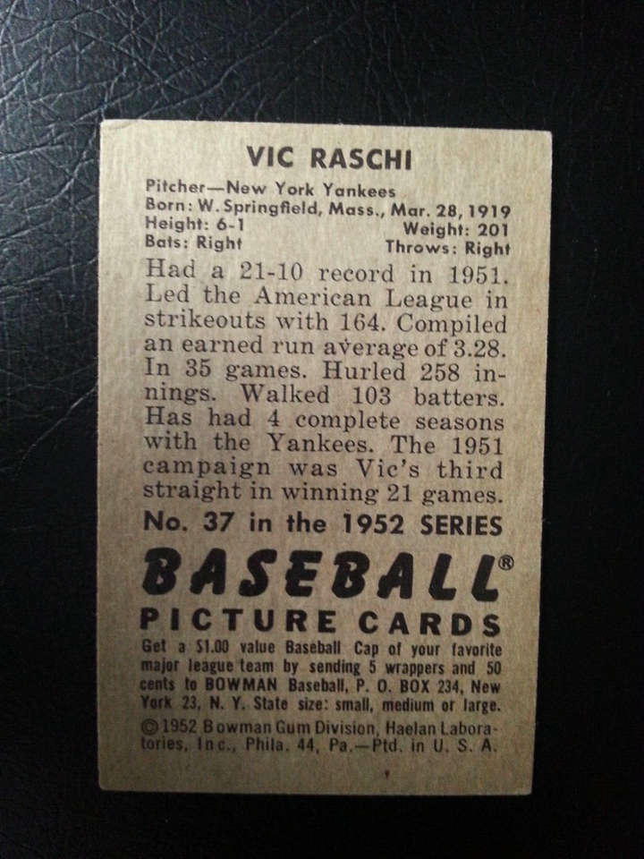1952 Bowman Baseball VG-EX SET BREAK #37 Vic Raschi NY Yankee | eBay