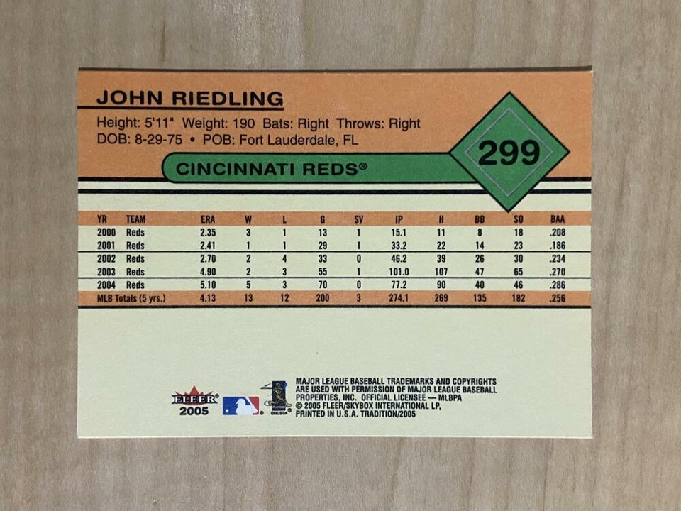 JOHN RIEDLING CINCINNATI REDS SIGNED AUTOGRAPHED 2005 FLEER CARD #299 W ...