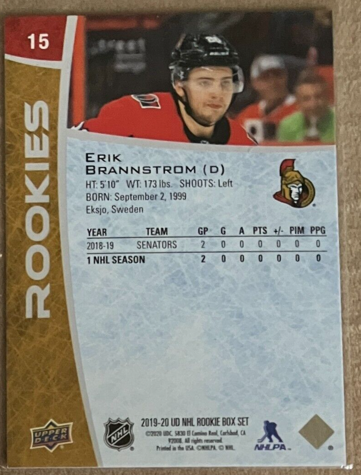 ERIK BRANNSTROM 2019-20 Upper Deck Rookies Box #15 - Ottawa Senators | eBay