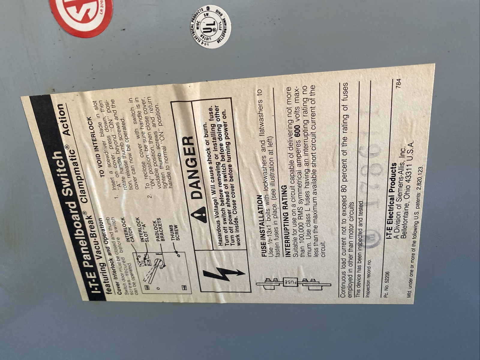 Gould ITE VF358BL 1200 Amp 600V Fusible Panelboard Switch Vacu-Break ...
