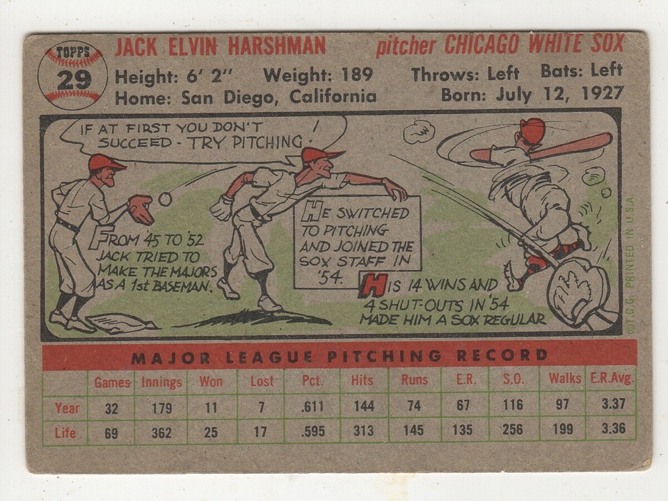 1956 Topps #29 Jack Harshman Chicago White Sox Gray Back | eBay