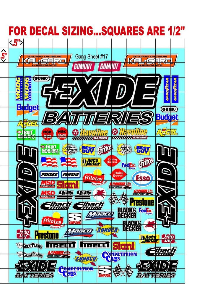 EXIDE Batteries Sticker Gang SHEET 17-R/C MODEL Decal 1/12-1/10-DIE CUT ...