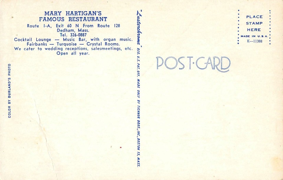 Mary Hartigan’s Famous Restaurant Cocktail Lounge Dedham Mass Vintage ...
