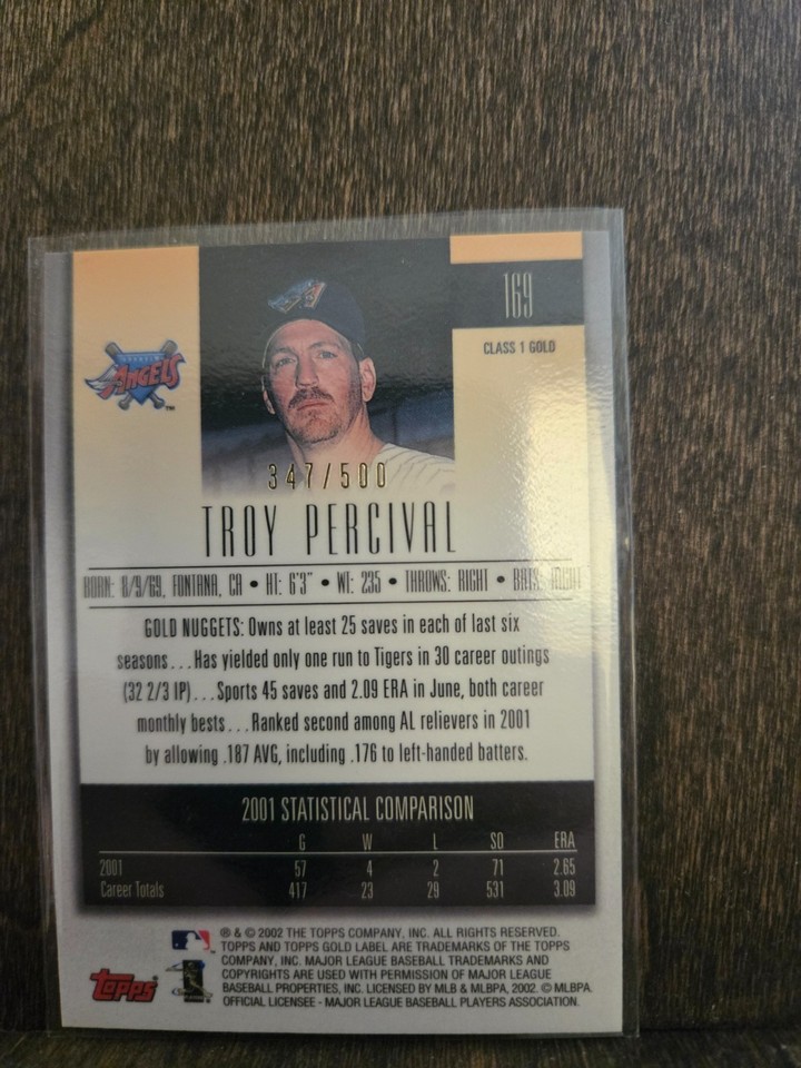 2002 Topps Gold Label Class 1 Gold /500 Troy Percival #169 Angels | eBay