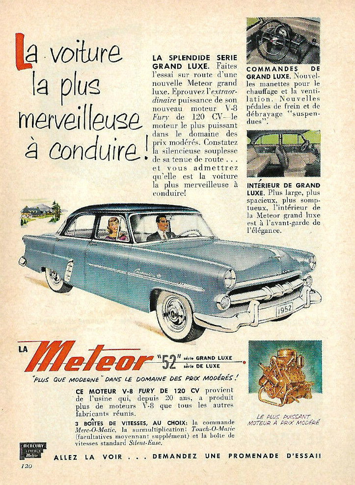 1952 MERCURY METEOR 4-DOOR BLUE AUTOMOBILE ORIGINAL AD IN FRENCH | eBay