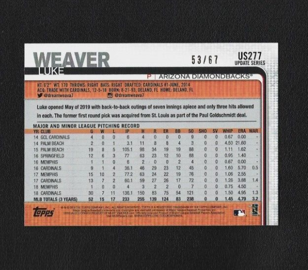 2019 Topps Update Luke Weaver US277 Black Parallel 53/67 Arizona ...