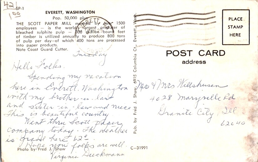 Postcard The Scott Paper Mill Everett WA Washington Coast Guard Cutter ...