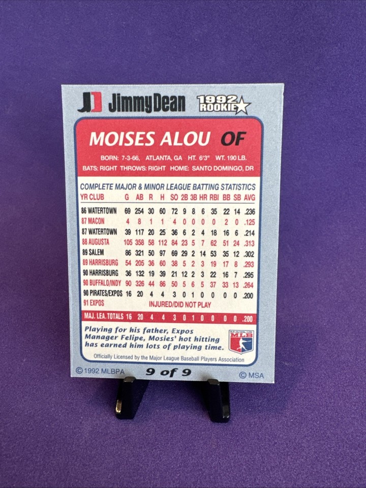 MOISES ALOU BASEBALL CARD 1992 ROOKIE JIMMY DEAN #9 MONTREAL EXPOS | eBay