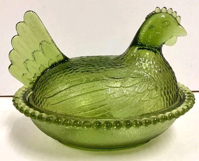 Vintage Green Hen in Nest Glass Dish Emerald Nesting Indiana Chicken | eBay
