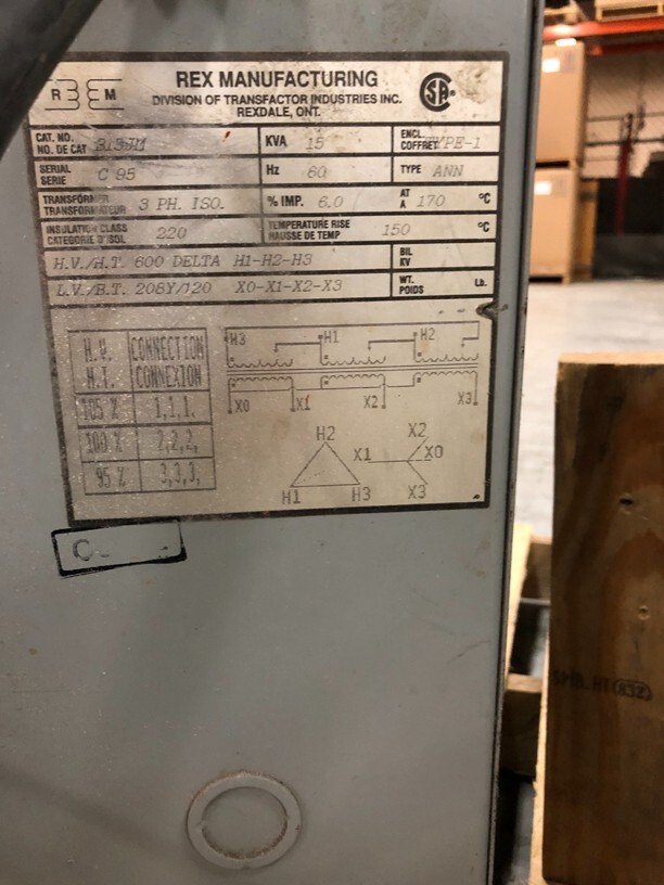 Rex Manufacturing, 15 KVA Transformer, 3 Phase, 600V, Used | eBay