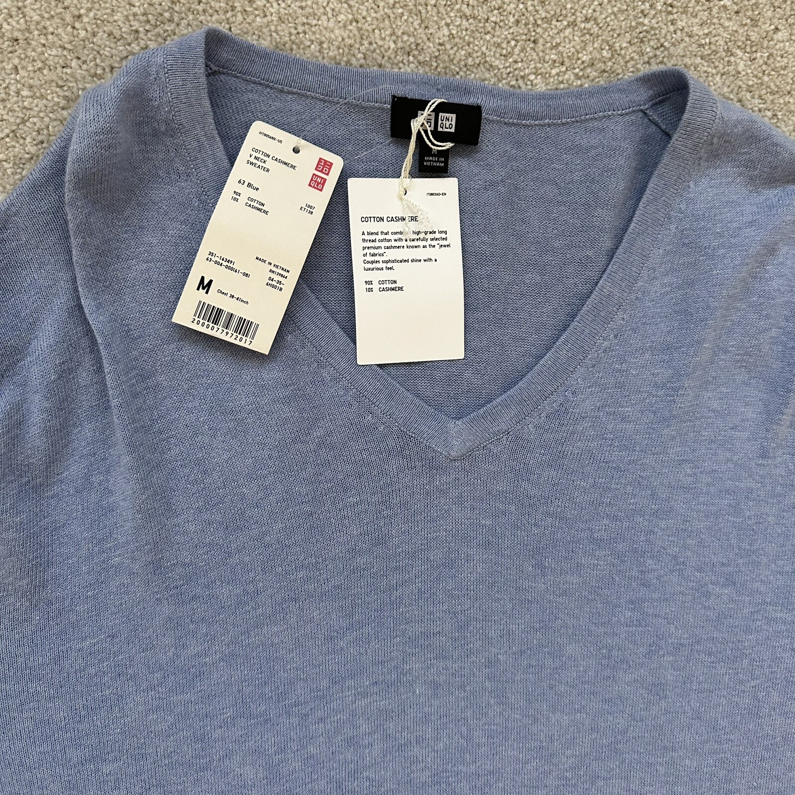 Uniqlo Sweater Mens Medium Sky Blue V Neck Pullover Cotton Cashmere ...