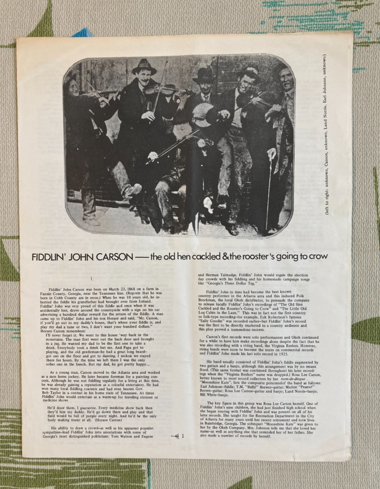 Fiddlin' John Carson LP The Old Hen Cackled & The Rooster's Gonna Crow ...