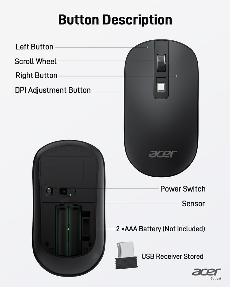Acer Wireless Mouse | 2.4GHz USB Receiver | Black | Ultra Slim | OMR242 ...