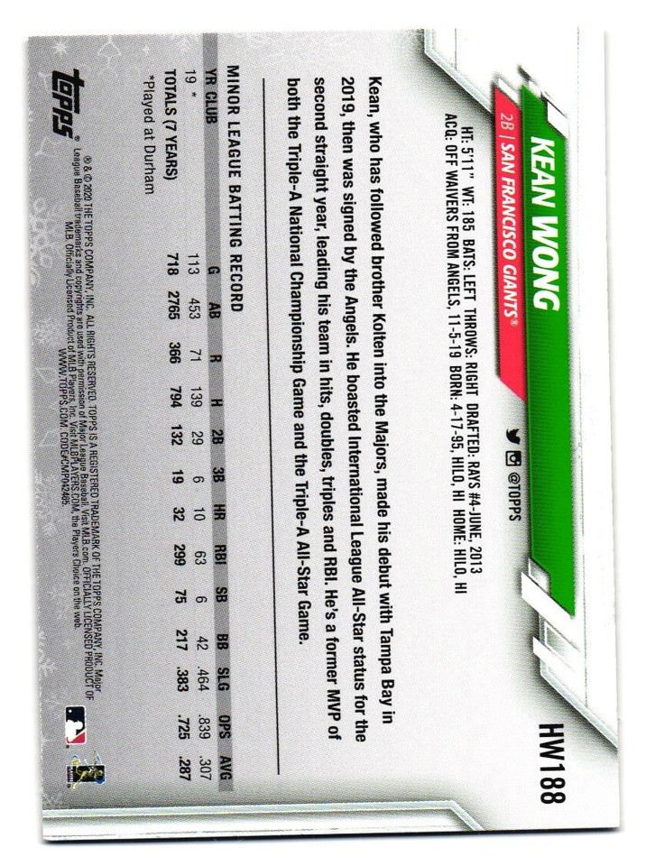 2020 Topps Holiday # HW188 Kean Wong San Francisco Giants Rookie | eBay