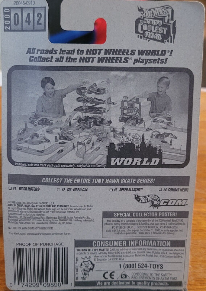 2000 Hot Wheels Tony Hawk Skate Series SOL-AIRE CX4 White w/Chrome #42 ...