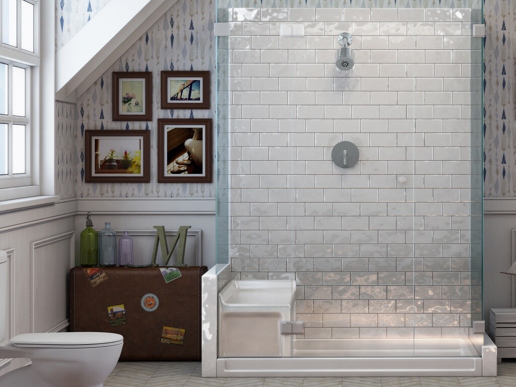 White Ceramic Tile Shower