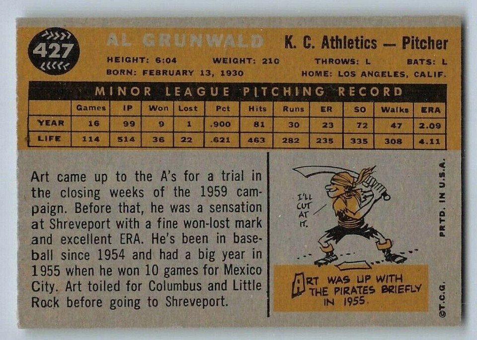 1960 AL GRUNWALD - Topps "ROOKIE" Baseball Card # 427 - KANSAS CITY ...