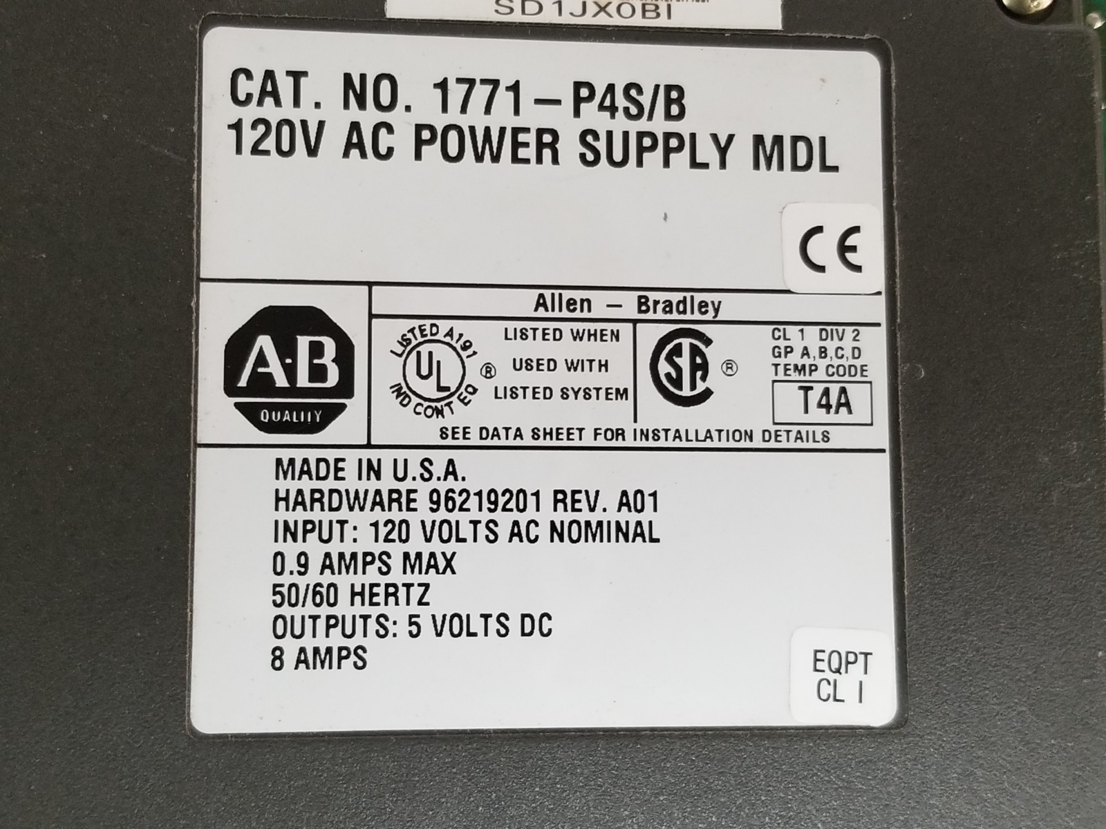 ALLEN BRADLEY 1771-P4S/B POWER SUPPLY 120VAC 96219201 REV. A01 SER. B ...
