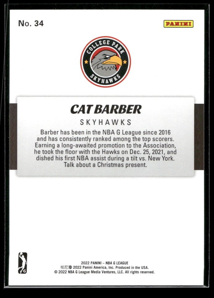 2021-22 Panini NBA G League Cat Barber BASE CARD College Park Skyhawks ...
