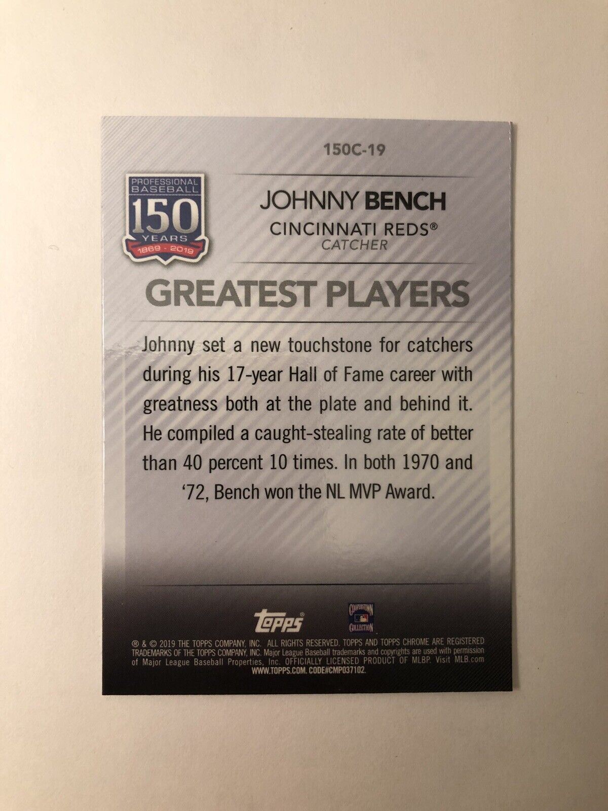 2019 Topps Chrome Greatest Players JOHNNY BENCH Card 150C-19 Cincinnati ...