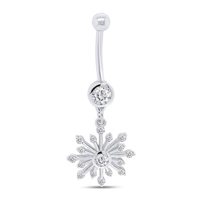 Snowflake Belly Button Navel Ring Simulated Birthstone 14K White Gold ...