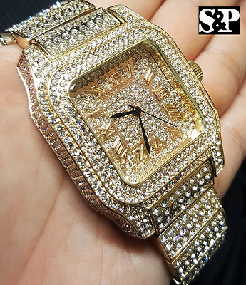 Mens Rick Ross Gold PT Full Iced Bling Hip Hop Lab Simulated Diamonds ...