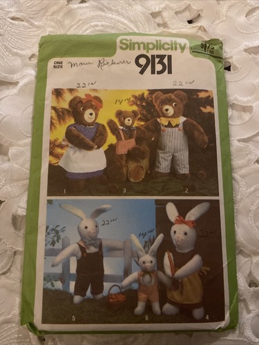 Stuffed Plush Bear Bunny Rabbit Simplicity Craft Sewing Pattern 9131 ...