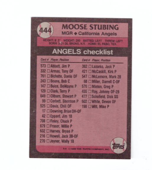 1989 Topps Baseball card #444 Moose Stubing Angels Mgr & Checklist | eBay