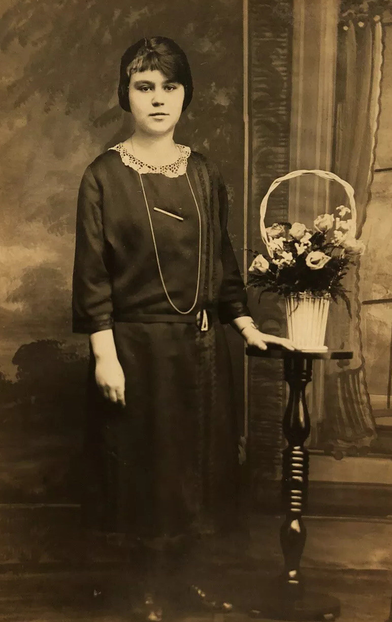 1924 Portrait of Young Woman Mable Smith Poses w/ Flower Basket RPPC | eBay