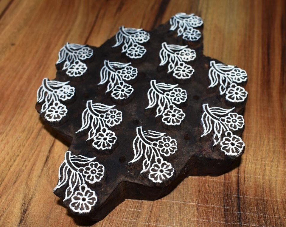 INDIAN WOOD HAND CARVED TEXTILE FABRIC BLOCK PRINT HOME FLOWER PATTERN ...