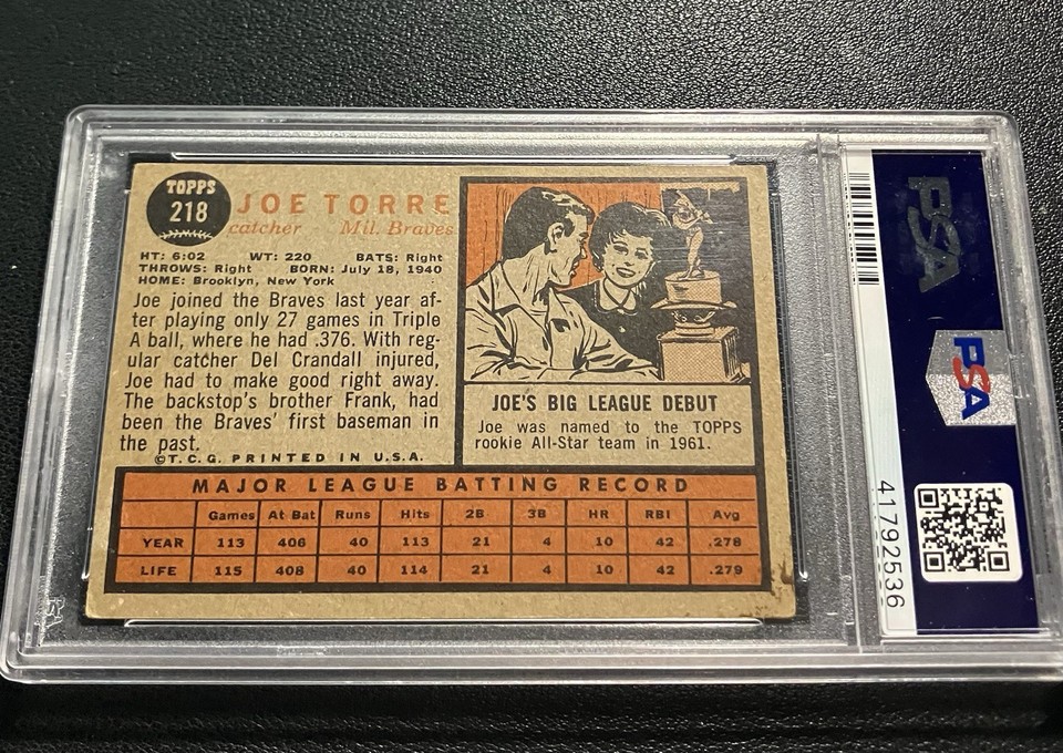 1962 Topps Joe Torre RC Signed PSA/DNA Authentic AUTO Grade 10 All Star ...