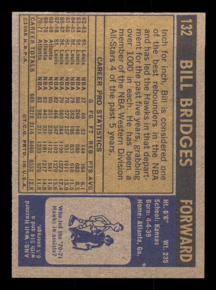 1971 Topps Basketball #132 Bill Bridges NM *e1 | eBay