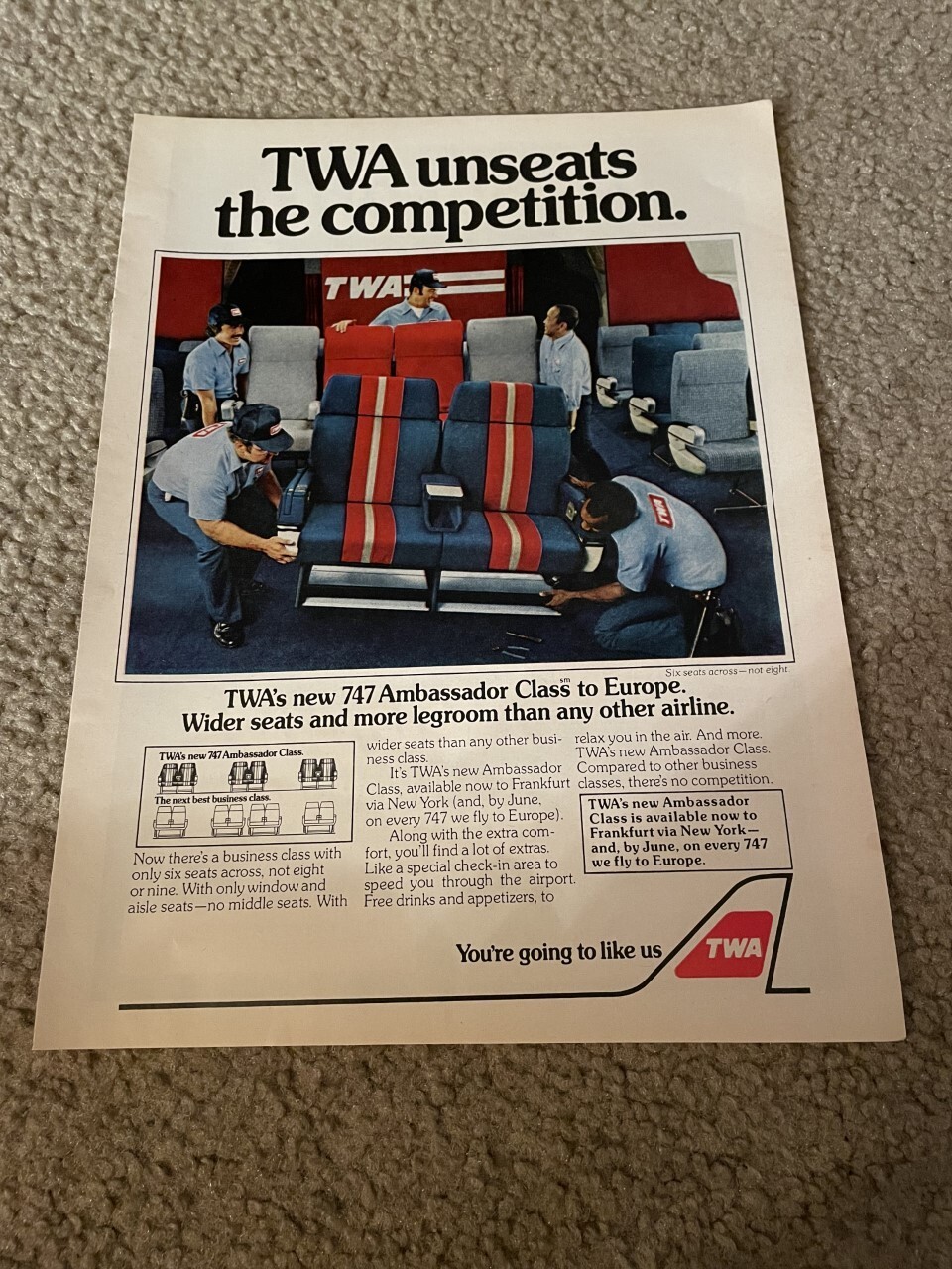 Vintage 1980 TWA AIRLINES Print Ad 747 AIRPLANE AMBASSADOR CLASS SEATS ...