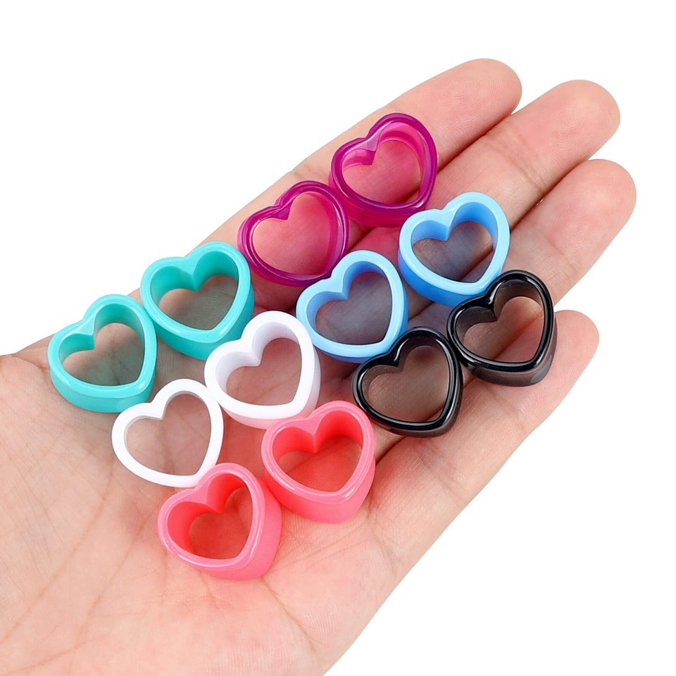 6 Pairs Acrylic Heart Shape Ear Tunnels Plugs Colorful Gauges for Ears ...