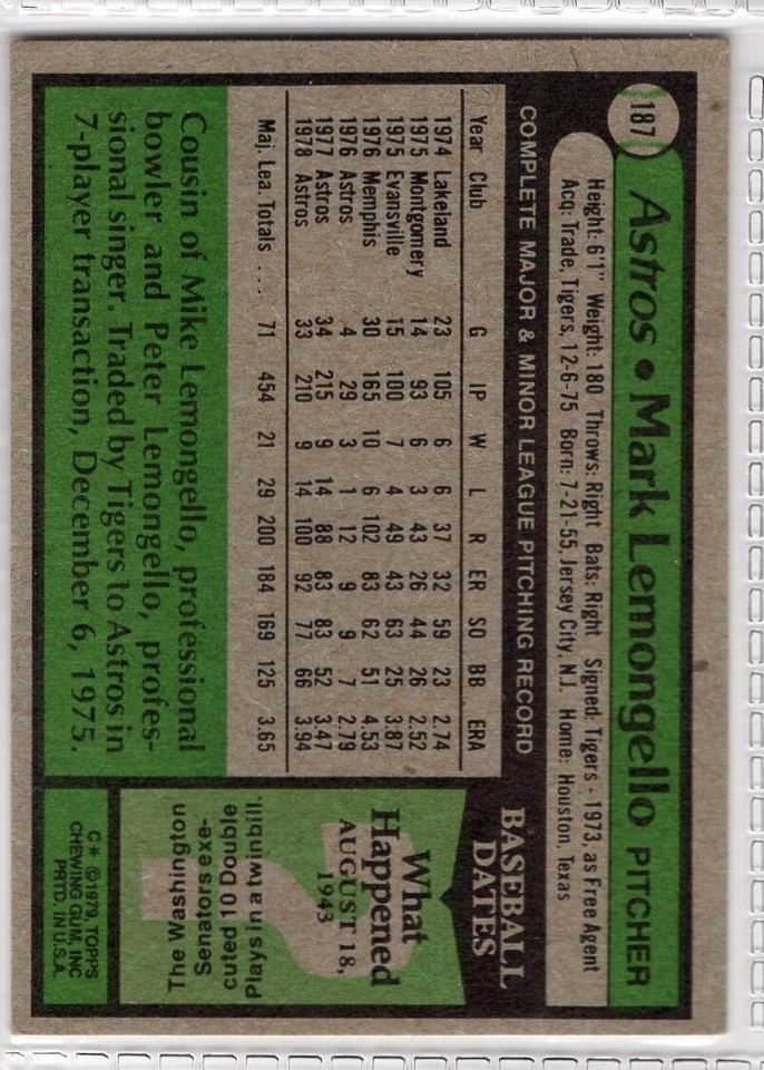 1979 Topps Mark Lemongello #187 Houston Astros | eBay