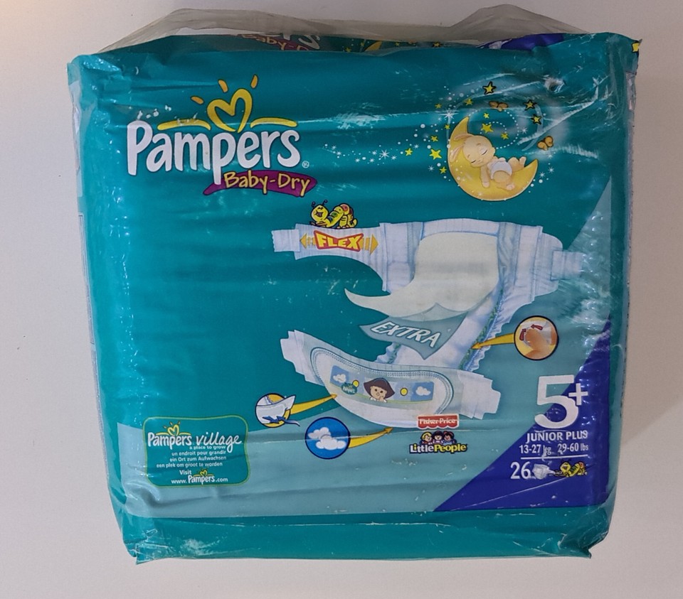 Vintage 2010 Diapers Pampers Baby Dry Fisher Price 5+ 26 Nappies up to ...