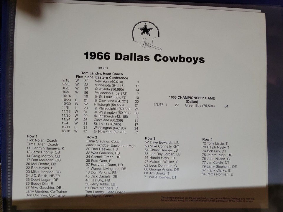 1966 DALLAS COWBOYS TEAM 8X10 PHOTO MEREDITH RENFRO HAYES REEVES ANDRIE ...