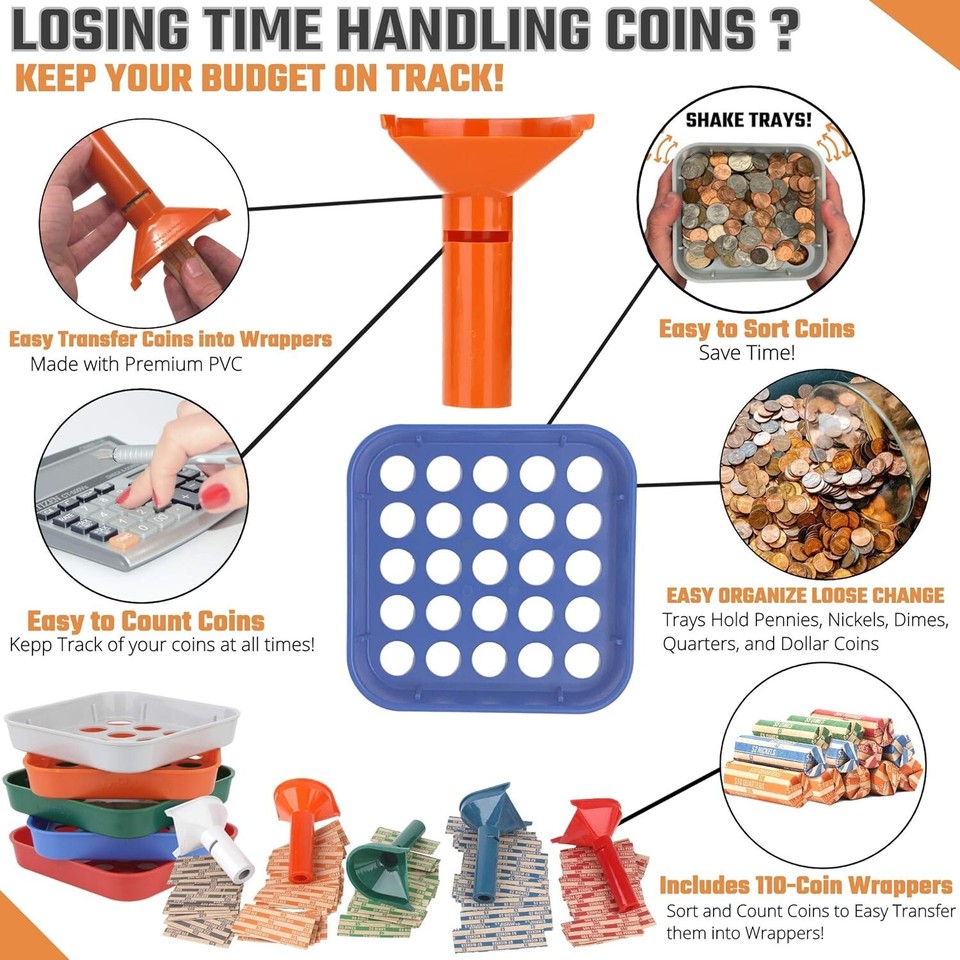 5 Coin Counters Tubes & 5 Sorting Tray Set with 110 Assorted Coin Roll ...