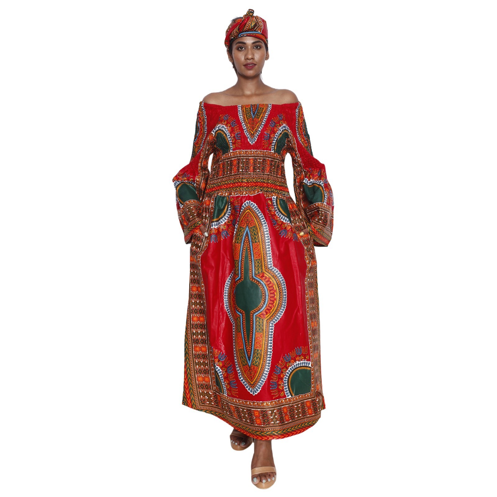 African Women's Dashiki Long Sleeve Maxi Dress with Smocking -- FI ...