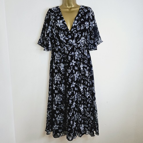 NEW ANN HARVEY Size 14-20 Wrap Front Floral Chiffon Navy Blue Midi ...