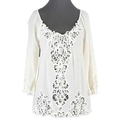 Lucky Brand NEW $120 Sz S Ivory Sheer Lace Inserts Cotton Silk Poly Top ...