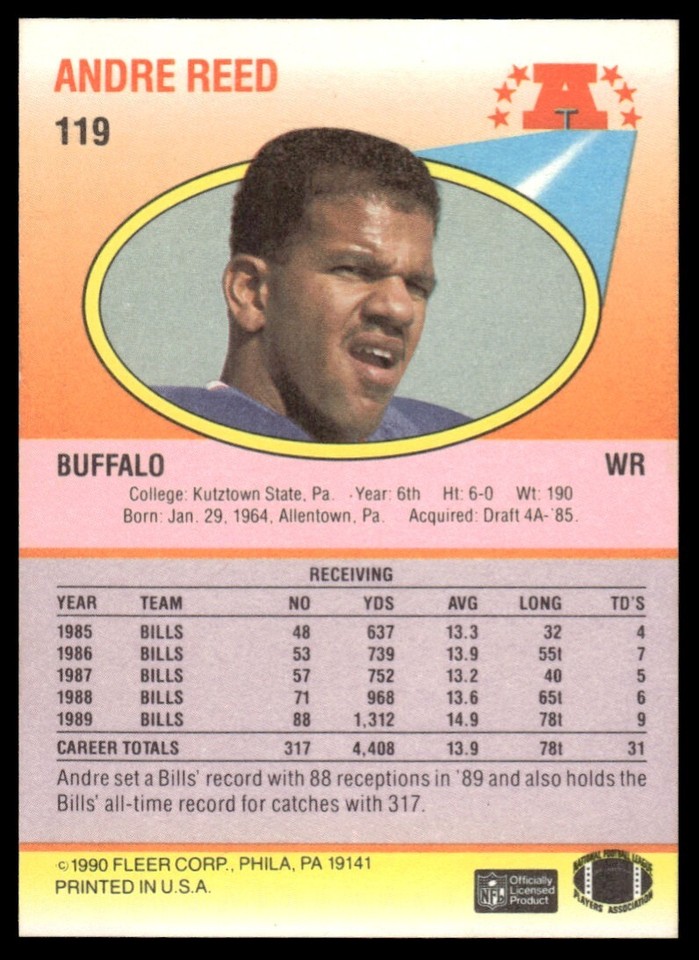 1990 Fleer Football Card Andre Reed D Buffalo Bills #119 | eBay