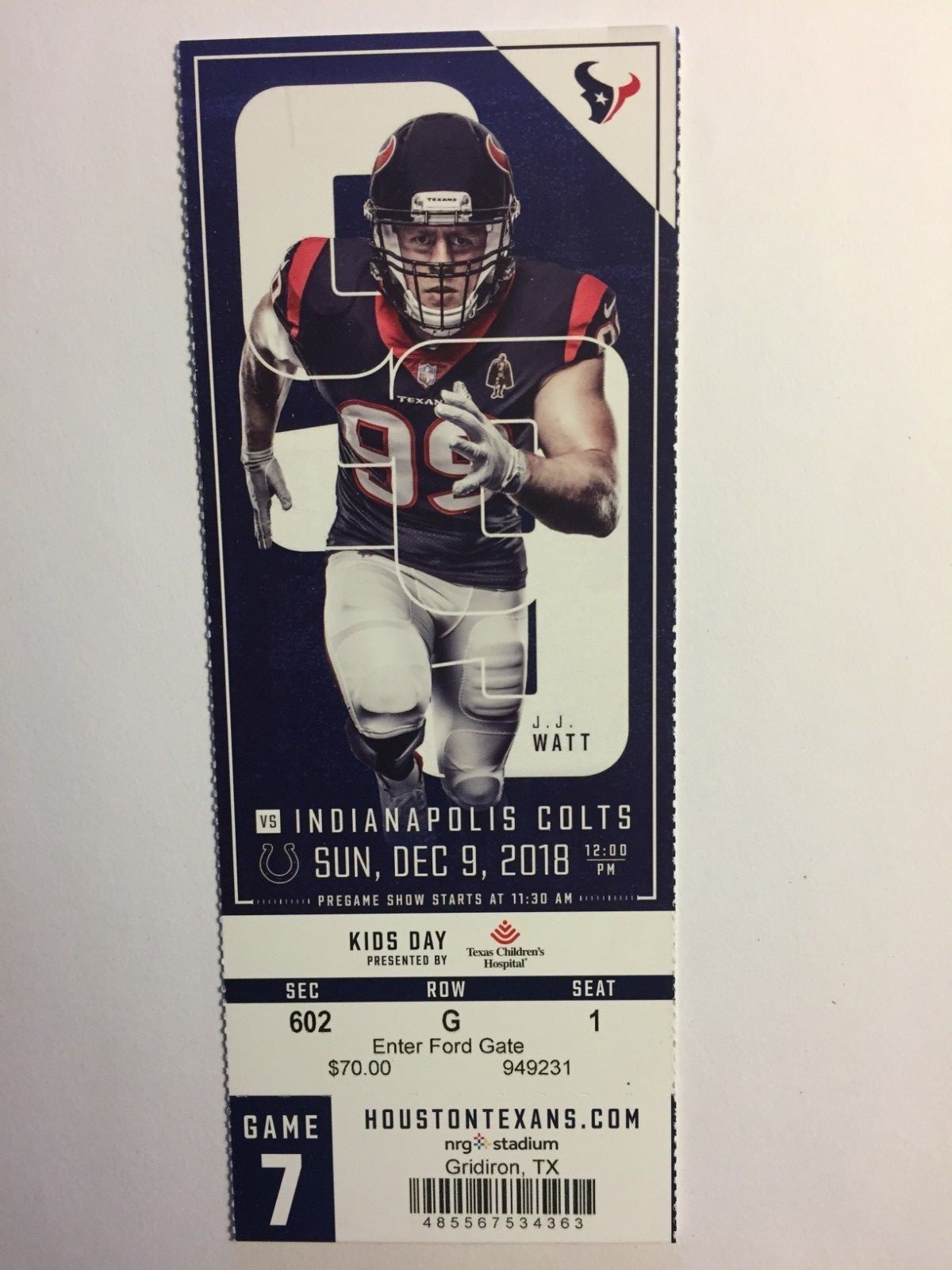 HOUSTON TEXANS VS INDIANAPOLIS COLTS DECEMBER 9, 2018 TICKET STUB | eBay